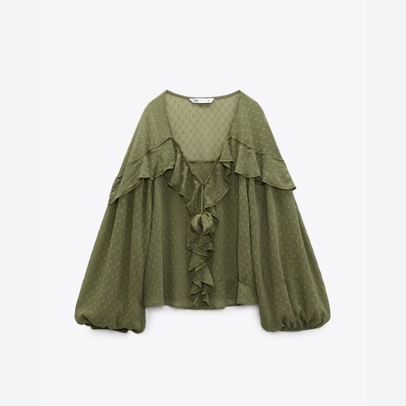 Zara | Tops | Zara Ruffled Blouse With Pleats Green | Poshmark